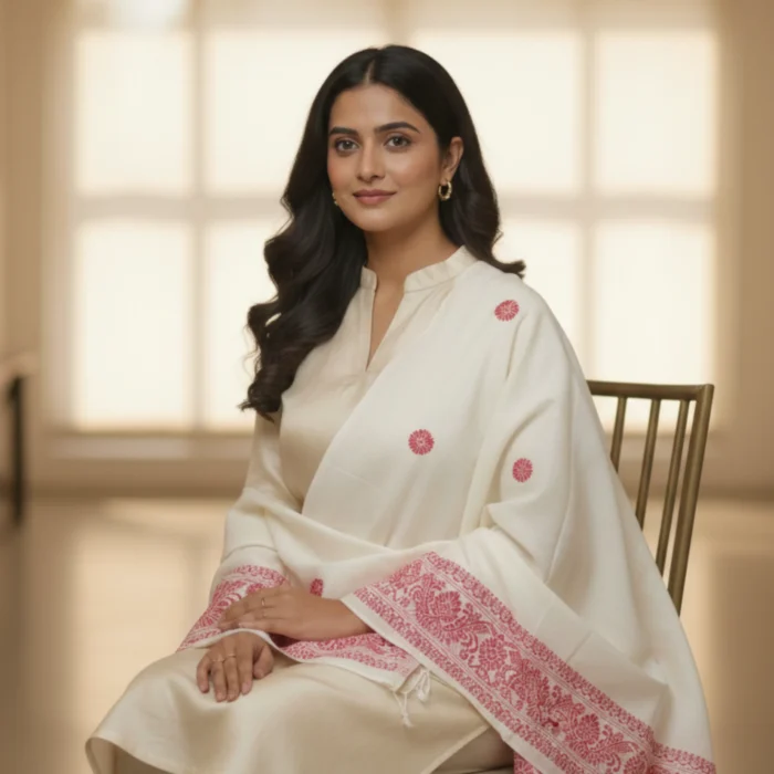 Ivory Vermilion Handloom Shawl - The Indian Fabrics